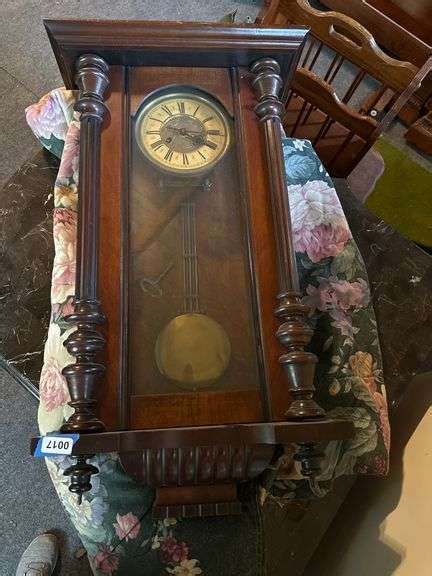 Vintage Wall Clock W Pendalum And Key 32t X 19w Delaware Auction Center