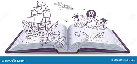 Open Book Adventure Treasures Pirates Sailing Ships Adventure Stock
