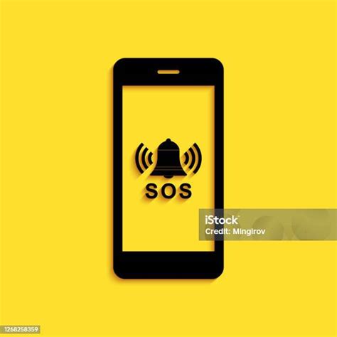 노란색 배경에서 격리된 블랙 Sos 호출 아이콘입니다 911 비상 도움 경고 경보 긴 그림자 스타일 벡터 개념에 대한 스톡 벡터 아트 및 기타 이미지 Istock
