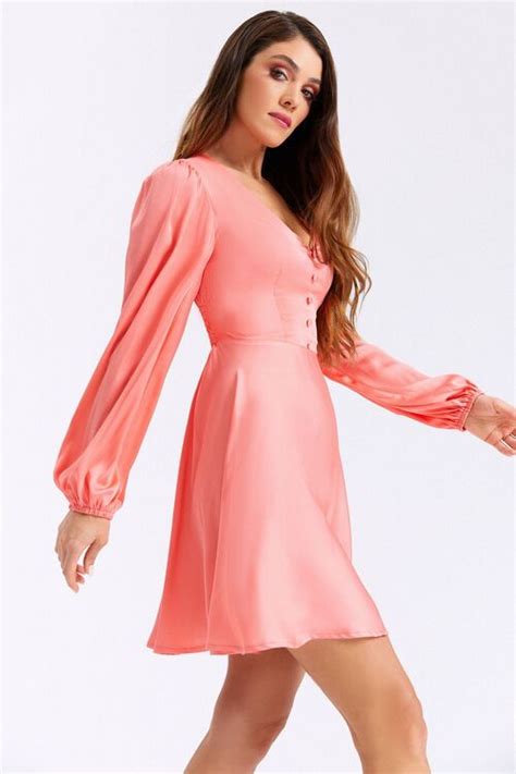 Купити Сукня міні з гудзиками штучний шовк персикова міні колір помаранчевий матеріал штучний