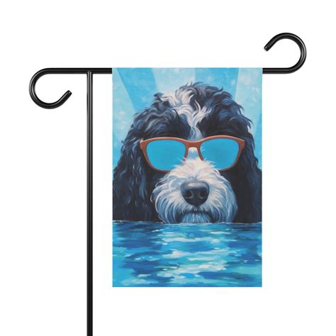 Tropical Summer Sheepadoodle Garden Flag Sunglasses Bernedoodle Yard