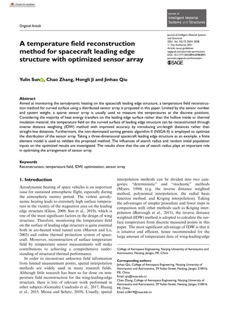 Pdf A Temperature Field Reconstruction Method For Spacecraft Leading Edge Structure With