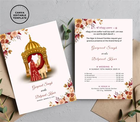 Editable Sikh Wedding Invitation Anand Karaj Invite Floral Punjabi