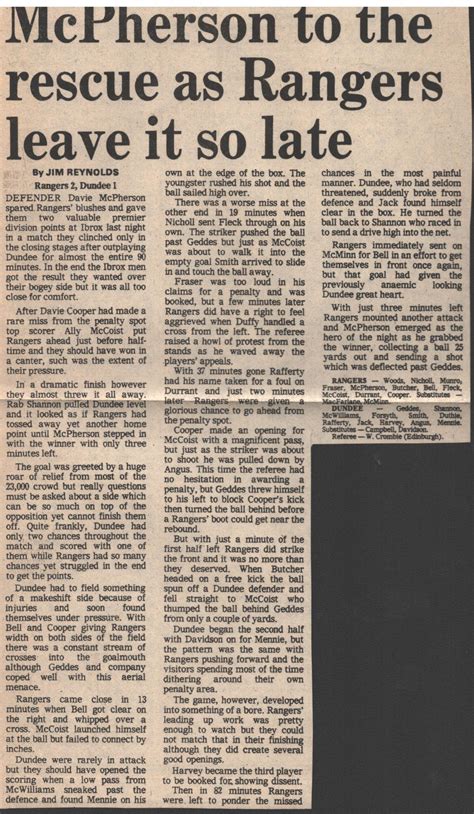 Rangers V Dundee 19 November 1986 The Rangers Archives