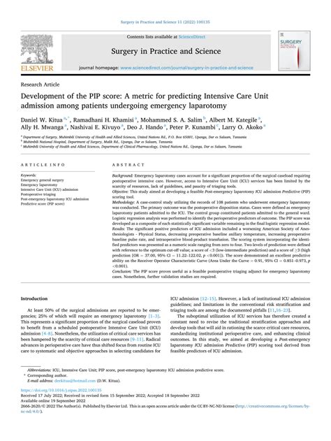 Pdf Development Of The Pip Score A Metric For Predicting Intensive Care Unit Admission Among