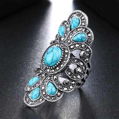 Vintage Blue Stone Black Crystal Peacock Big Ring Vintage Turquoise Ring Antique Rings
