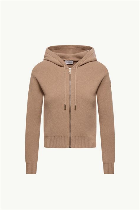 Camel Beige Cashmere And Wool Zip Up Hoodie Sweaters And Cardigans For