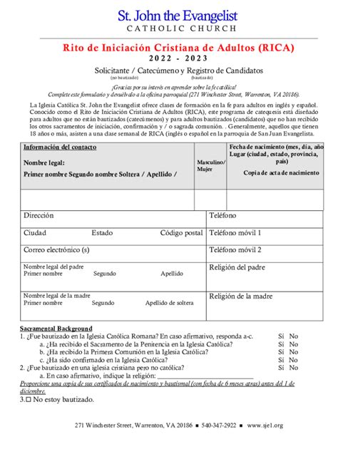 Fillable Online Rcia Registration Inquiry Form Spanish Fax Email