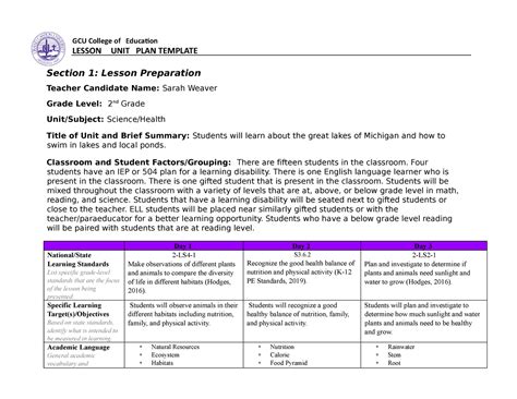 3 Day Unit Plan Template Science 565 Section 1 Lesson Preparation