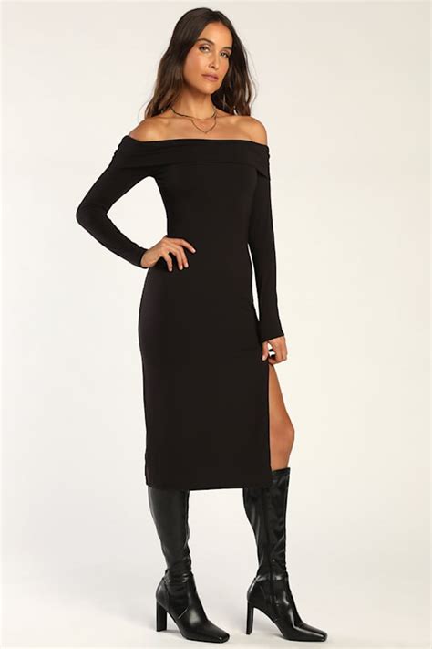 Black Bodycon Long Sleeve Dress Bodycon Midi Dress Ots Dress Lulus