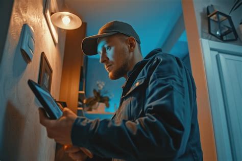 Premium Photo Male Installer Sets Up Security Camera Using Digital Tablet