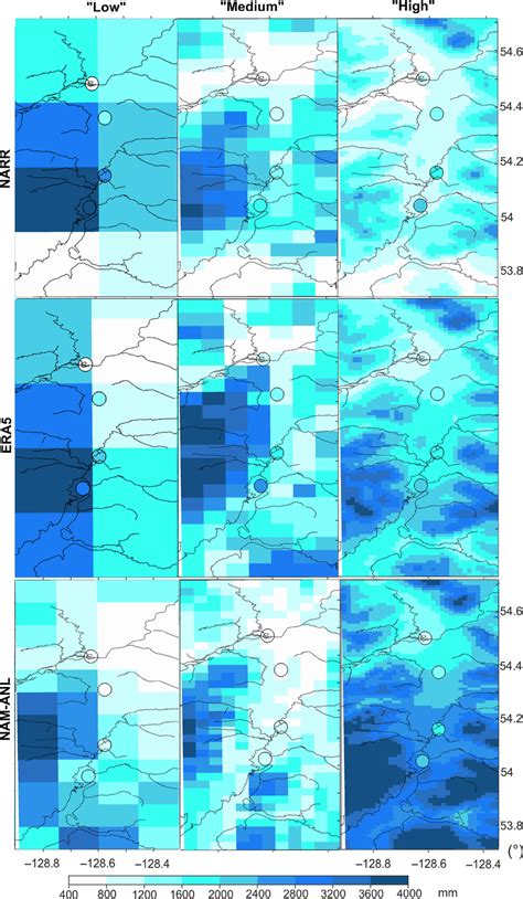 spatial plot of wrf simulation of total precipitation in 2017 for three