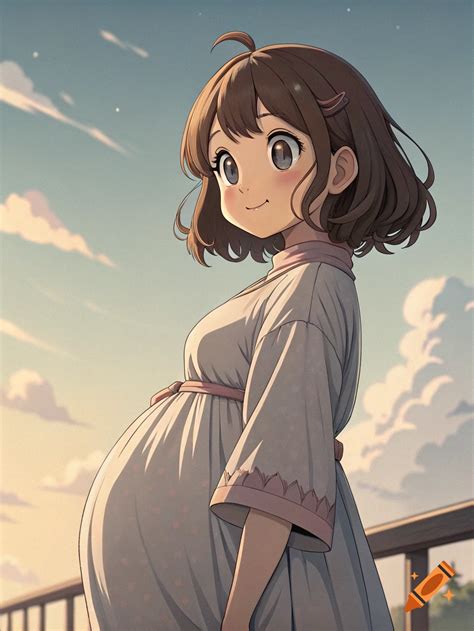 Anime Girl With A Large Pregnant Belly Looking Up At The Sky On Craiyon