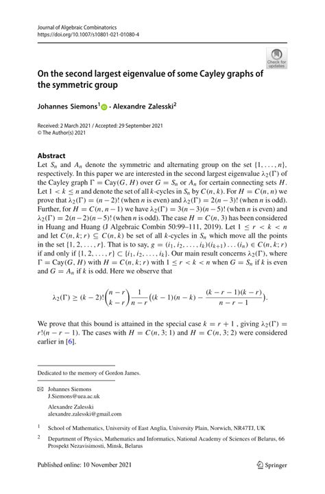 Pdf On The Second Largest Eigenvalue Of Some Cayley Graphs Of The