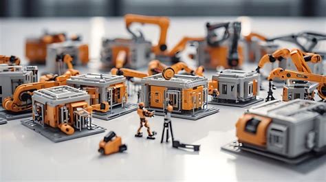 Miniature Robotic Assembly Line Workers Constructing Small Factories