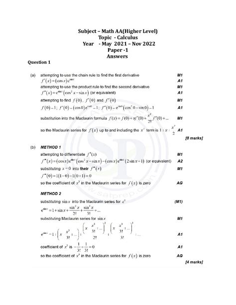 Topic Wise Ibdp Math Aa Hl Past Paper 1 Calculus Answer Sat Prep