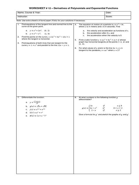 Worksheet 12 Derivatives Of Polynomials And Exponential Functions Pdf