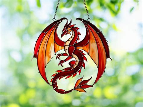 Digital Download Red Dragon Stained Glass Pattern Dragon Flying Stained Glass Pattern Modern