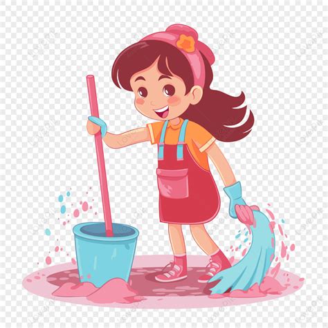 Naglilinis Ng Clipart Na Batang Babae Na Naglilinis Ng Kanyang Mop At
