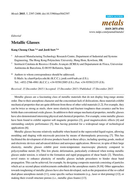 Pdf Metallic Glasses
