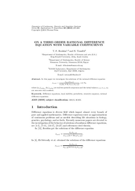 Pdf On A Third Order Rational Difference Equation With Variable Coefficients