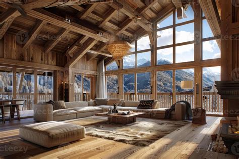 Luxurious Mountain Chalet Interior With Large Windows Showing A