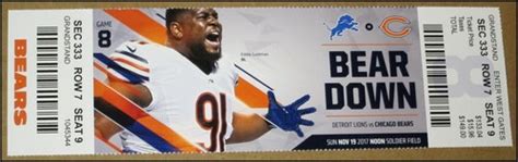 11 19 2017 Chicago Bears Vs Detroit Lions Ticket Eddie Goldman Matt Stafford 2td Ebay