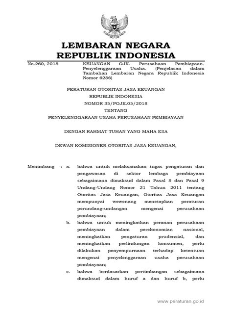 Pojk Ri Nomor 35 Pojk 05 2018 Pdf Hukum