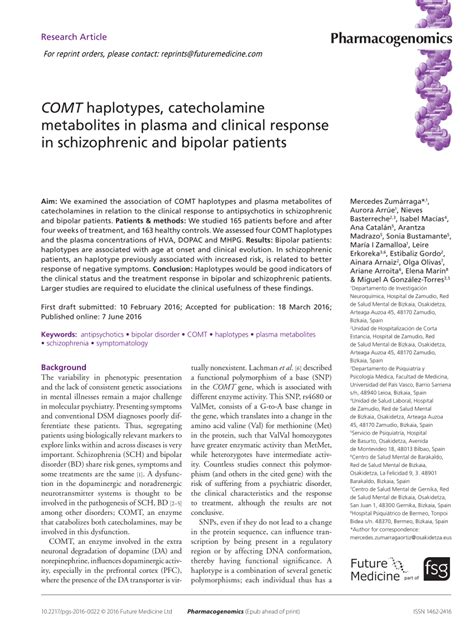 Pdf Comt Haplotypes Catecholamine Metabolites In Plasma And Clinical Response In