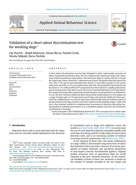 Pdf Validation Of A Short Odour Discrimination Test For Working Dogs