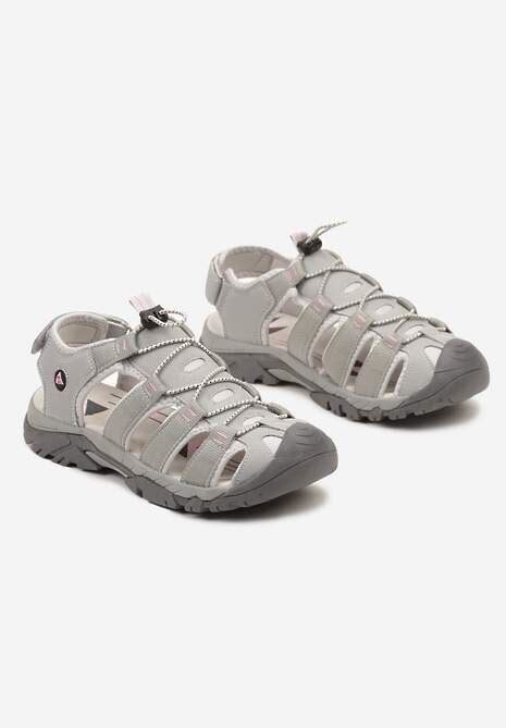 Jasnoszare Sandały Ze Skórzaną Wkładką Na Antypoślizgowej Podeszwie Z Rzepami I Sznurowaniem