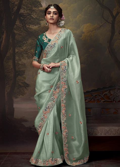 Crushed Tissue Silk Pista Green Saree With Handwork Embroidery Online