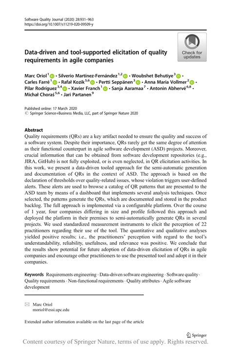 Data Driven And Tool Supported Elicitation Of Quality Requirements In Agile Companies Request Pdf
