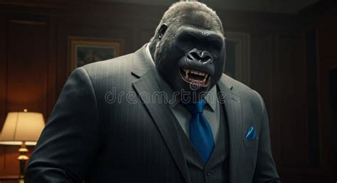 Gorilla In Suit Confident Businessman With Sharp Teeth And Blue Tie