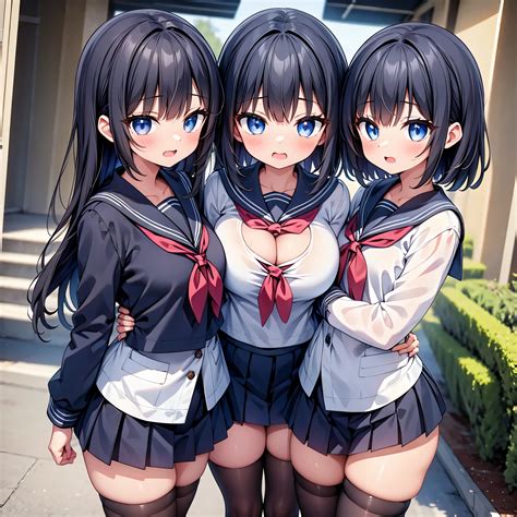 写真のポーズをとる制服を着た3人のアニメの女の子 Seaart Ai