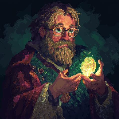 Dnd Retro Pixel Portrait Of A Scholar Holding A Glowing Gem Premium