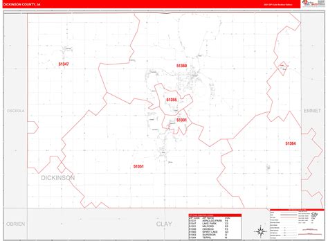 Dickinson County Ia Zip Code Wall Map Red Line Style By Marketmaps Mapsales