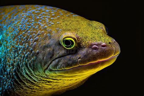 Predatory Moray Eel With Gray Yellow Skin And Glowing Eyes Stock
