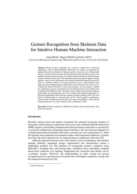 PDF Gesture Recognition From Skeleton Data For Intuitive Human Machine Interaction