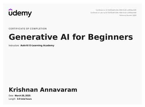 Udemy Course Completion Certificate Krishnan Annavaram