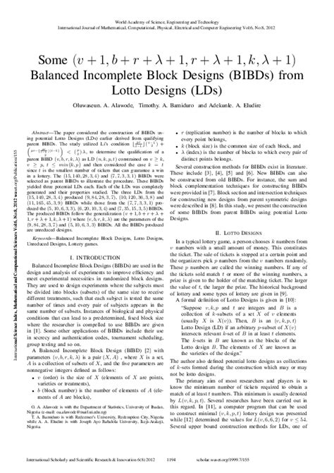 Pdf Balanced Incomplete Block Designs Bibds From Lotto Designs Lds