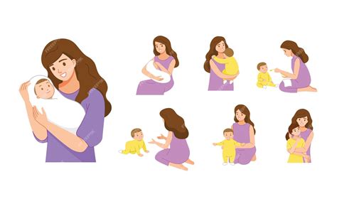 Set De Mãe E Bebê Mãe Segurando E Criando Seu Bebê Relaxando Com Muitas