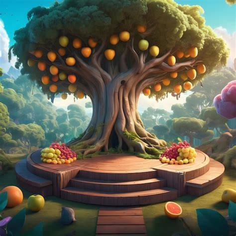 Premium Photo Trunk Podium In Fantasy Forestfruit Trees