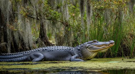 American Alligator In Lush Swamp Habitat With Hanging Moss And Aquatic