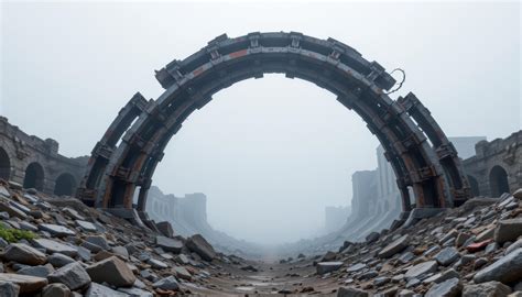 A Metal Arch Formed From Twisted Beams Rising From Rubble In A Fog