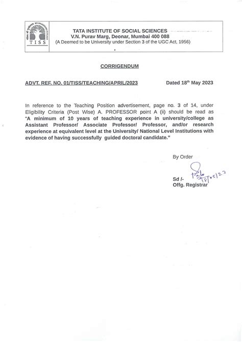 Corrigendum Ugc Teaching Positions 2023 Tata Institute Of Social