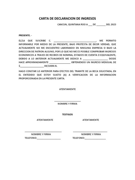 Carta De Declaración De Ingresos Pdf Finanzas Y Dinero