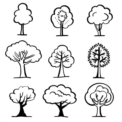 Tree Line Art Silhouette Black And White Vector Illustration Collection