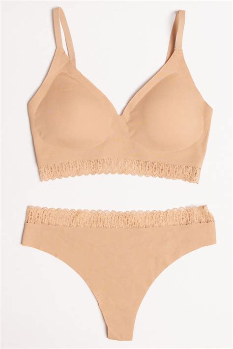 Beige Lace Trim Bralette And Knickers Lingerie Set Ally Fashion