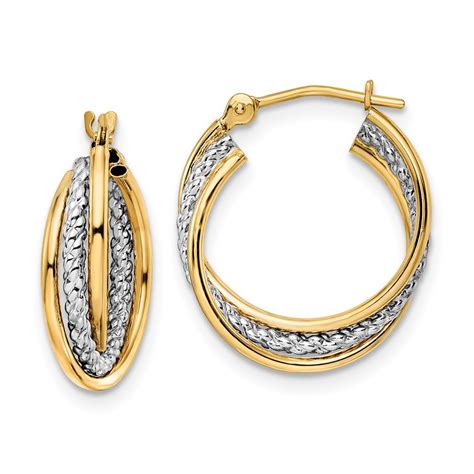 14k Yellow And Rhodium 165 Mm Polished Textured Hoops 114 Grams